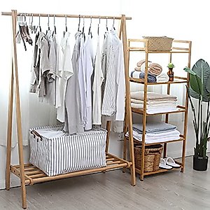 Hinwo 70L Extra Large Capacity Storage Basket Canvas Storage Bin Collapsible Storage Box with PU Leather Handles and Drawstring Closure, 22 by 15 inches, Waterproof Inner Layer, Grey Vertical Stripe