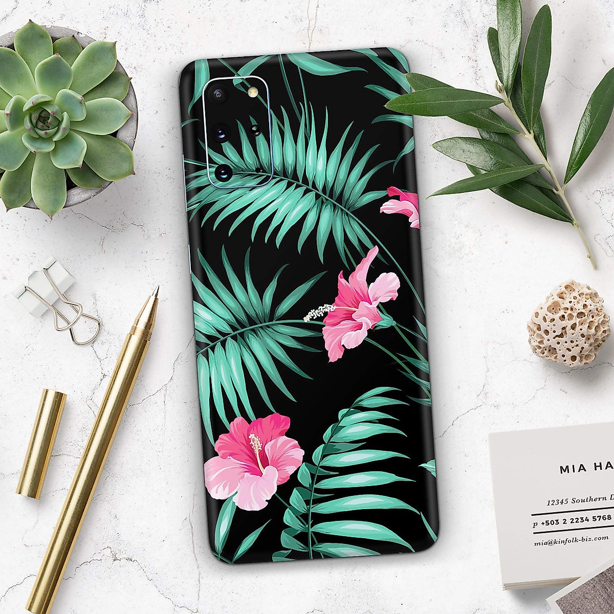 DesignSkinz Tropical Mint and Vivid Pink Floral Protective Vinyl Decal Wrap Skin Cover Compatible with The Samsung Galaxy S20 (Screen Trim & Back Glass Skin)