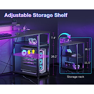 MOTPK Gaming Desk with Led Lights & Power Outlet, 40 Inch Small Gaming Computer Desk with Shelves, Reversible Gamer Desk Table with Adjustable Monitor Stand & Headphone Hook, Carbon Fiber Texture