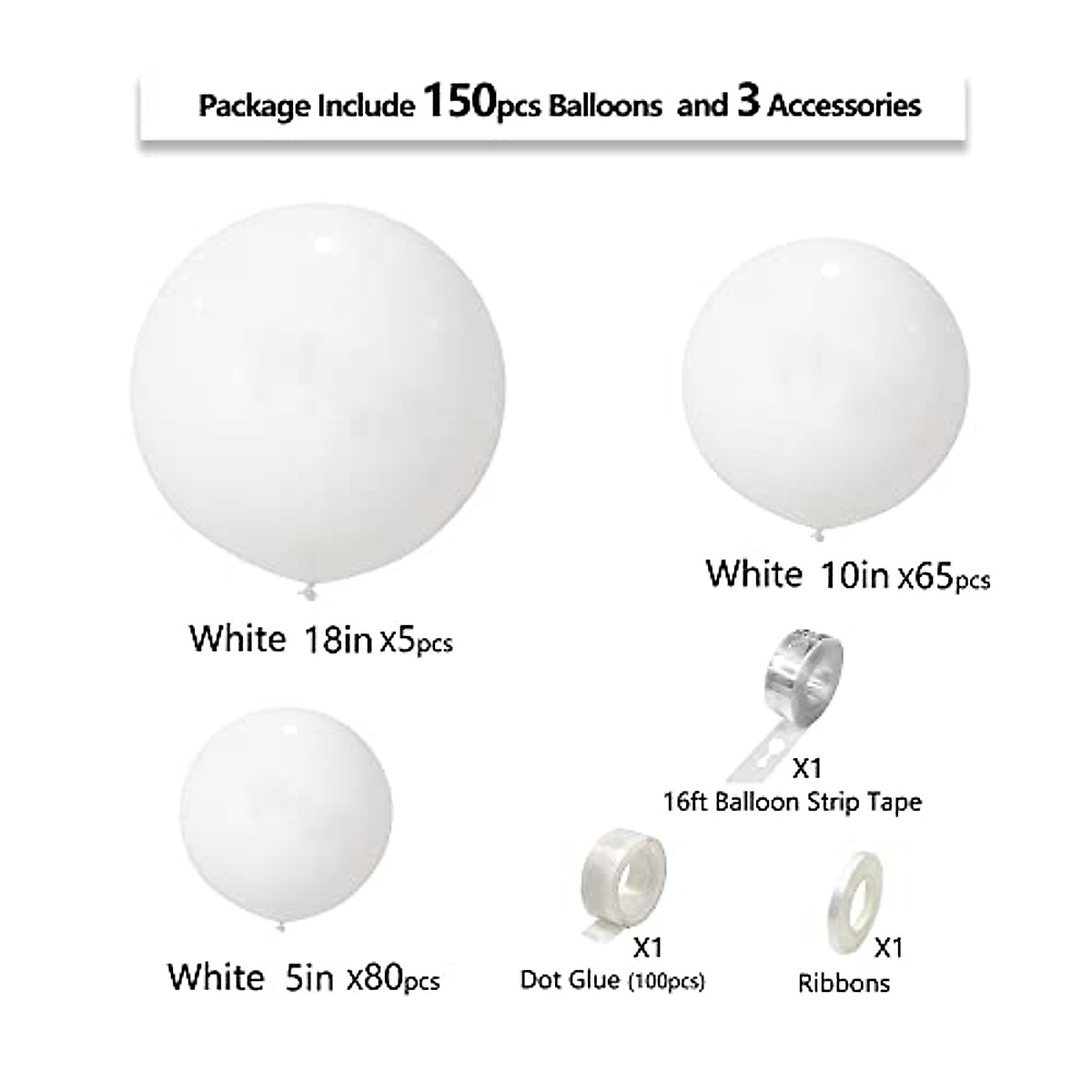 SANERYI White Balloons Garland Arch Kit (Pack of 150) Matte Latex Balloon Different Sizes for Wedding Baby Shower Decorations (18 10 5 Inch)