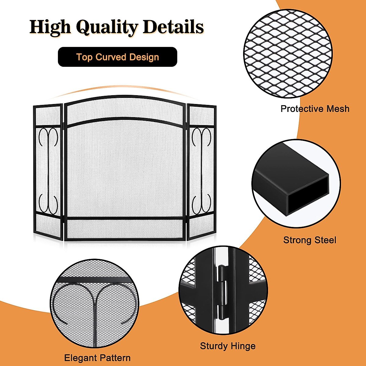 Gtongoko 3 Panel Fireplace Screen 48" W x 29" H Modern Wrought Iron Decorative Large Fire Spark Guard Grate Heavy Duty for Living Room Home Outdoor Decor - Black