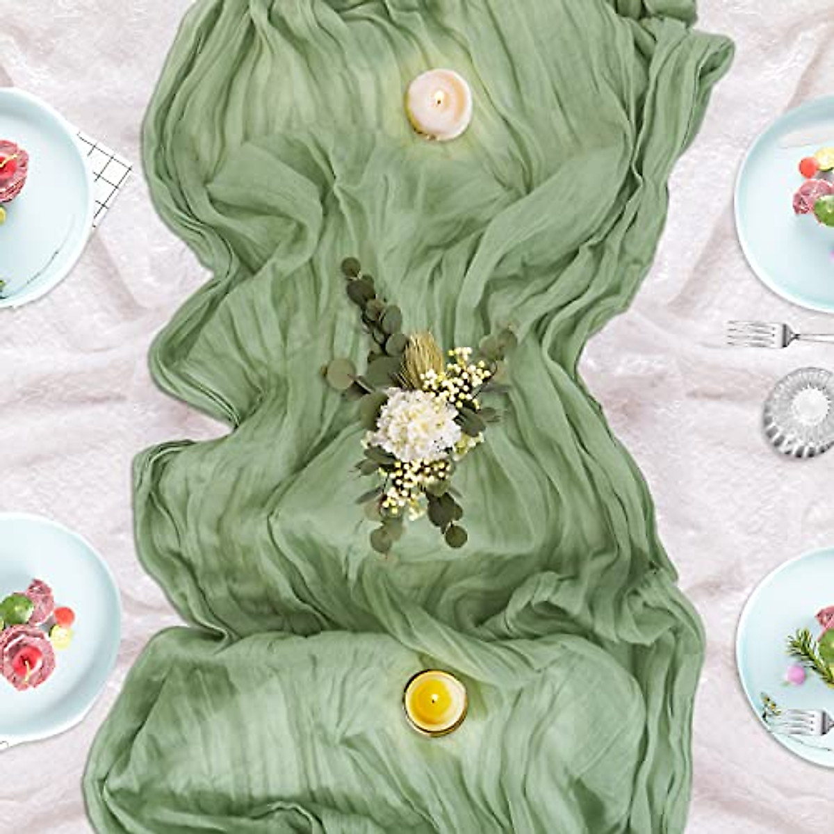 Vibera Cheesecloth Table Runner 35 x 157 inches Long Sage Green Table Runners for Wedding Birthday Party Gauze Table Runner for Bridal Shower Baby Shower Decorations（1 Pack）