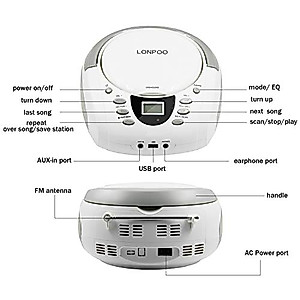 LONPOO Portable Boombox - CD Player, Bluetooth, USB, MP3, AUX, FM Radio, Portable, Built-in Stereo Speakers, Carrying Handle, LCD Display, White