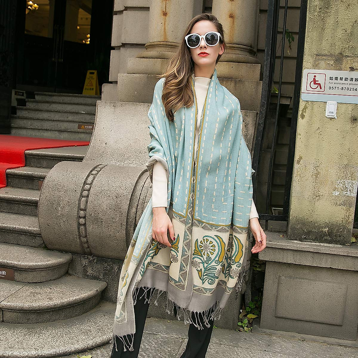 DANA XU 100% Merino Wool Extra Large Pashmina Blanket Travel Scarf Cashmere Wrap for Women Fall Winter Oversize Shawl Floral