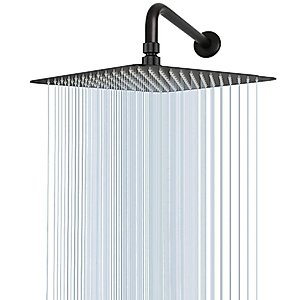 Rain Shower Head With Extension Arm, NearMoon Square Shower Heads, Large Stainless Steel Rainfall Showerhead-Waterfall Full Body Coverage (12 Inch Shower Head With 15 Inch Shower Arm, Matte Black)