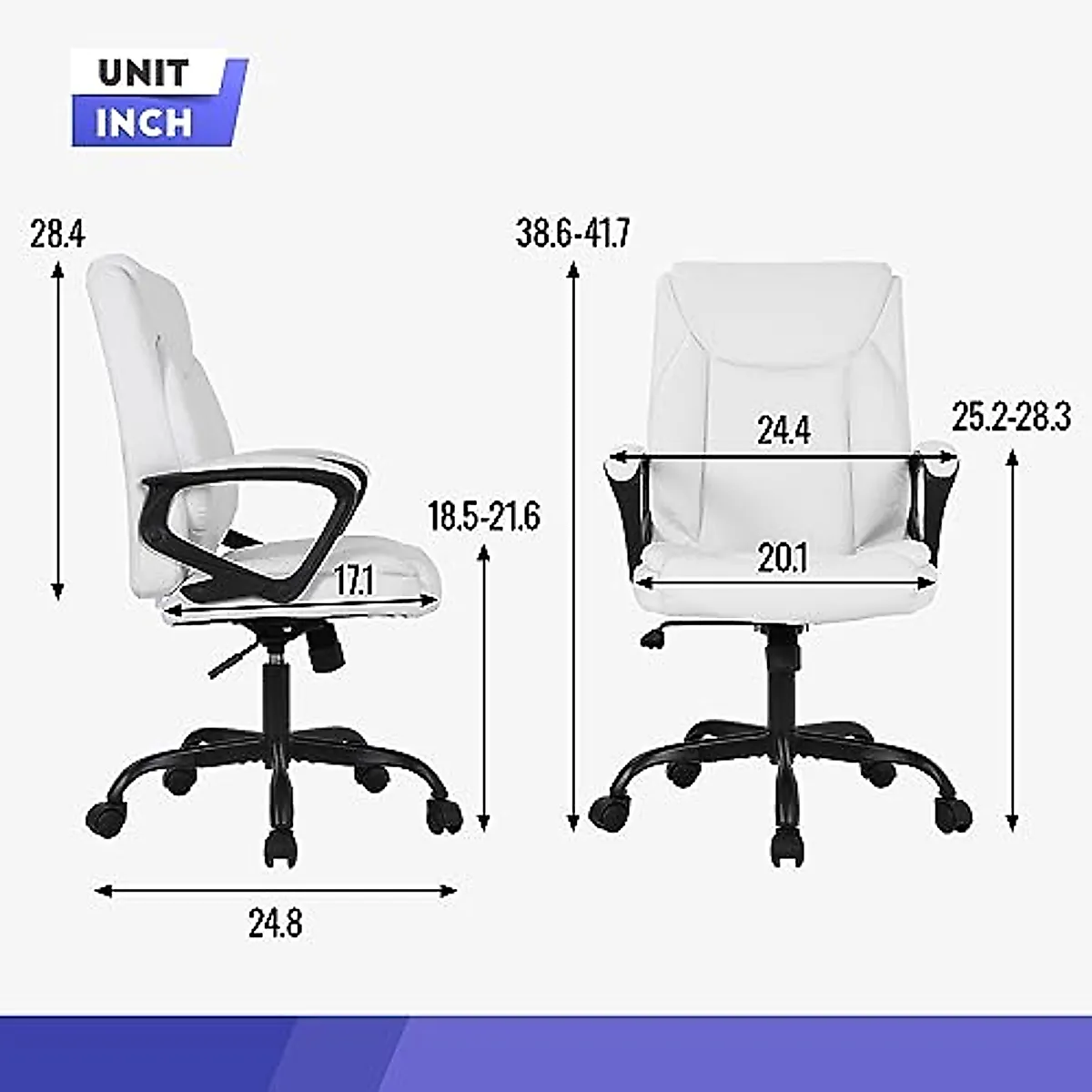 Home Office Chair Ergonomic Desk Chair PU Leather Task Chair Executive Rolling Swivel Mid Back Computer Chair with Lumbar Support Armrest Adjustable Chair for Men White