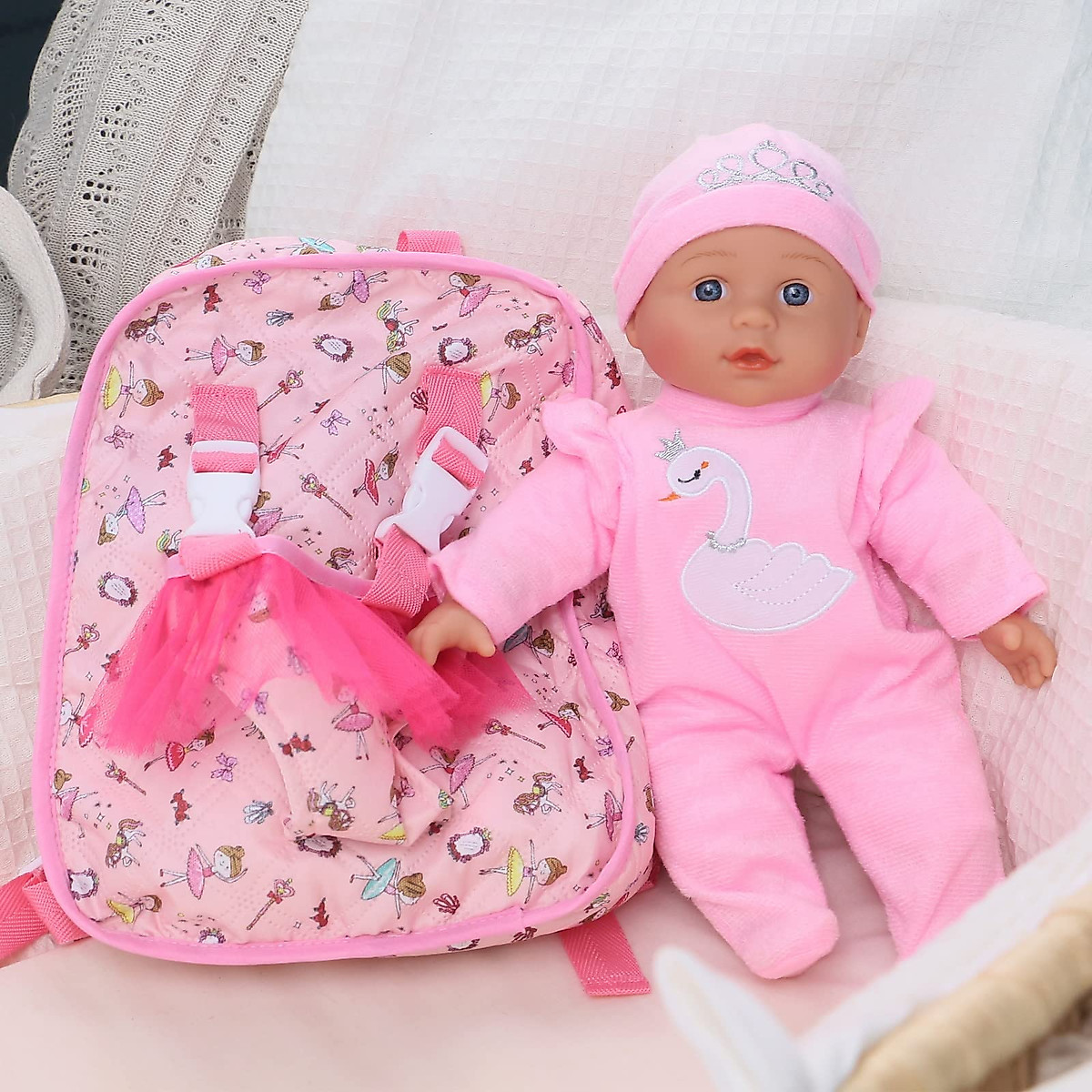 haveahug 13" Soft Baby Doll with Take Along Pink Doll Backpack Carrier, 6 Piece Play Set with Bottle & Accessories(Pink)
