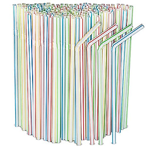 [500 Pack] Striped Flexible Plastic Drinking Straws Disposable Straw 8'' inches Tall Assorted Colors