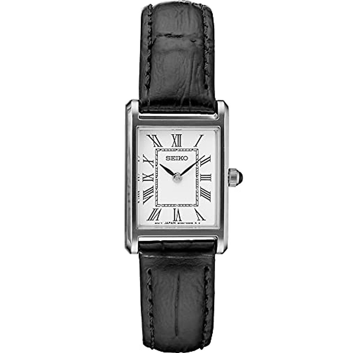 Seiko SWR053 Women's Analog Watch, Water Resistant, 30M, White Dial with Roman Numerals, Rectangular Case, Black Leather Strap