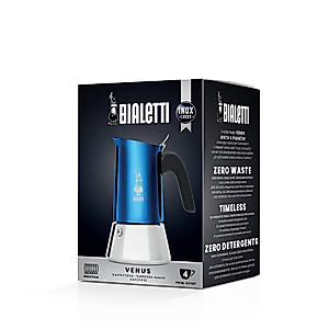 Bialetti New Venus Coffee Machine 6 Cups Anti-Burn Handle Not Induction 6 Cups (235 ml) Stainless Steel Blue