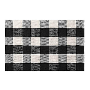 KIMODE Buffalo Plaid Outdoor Rug Runner Doormat 24'' x 51", Black/White Cotton Woven Checkered Farmhouse Porch Outdoor Rugs, Washable Indoor Door Mat for Front Layered Kitchen Bathroom Laundry Room