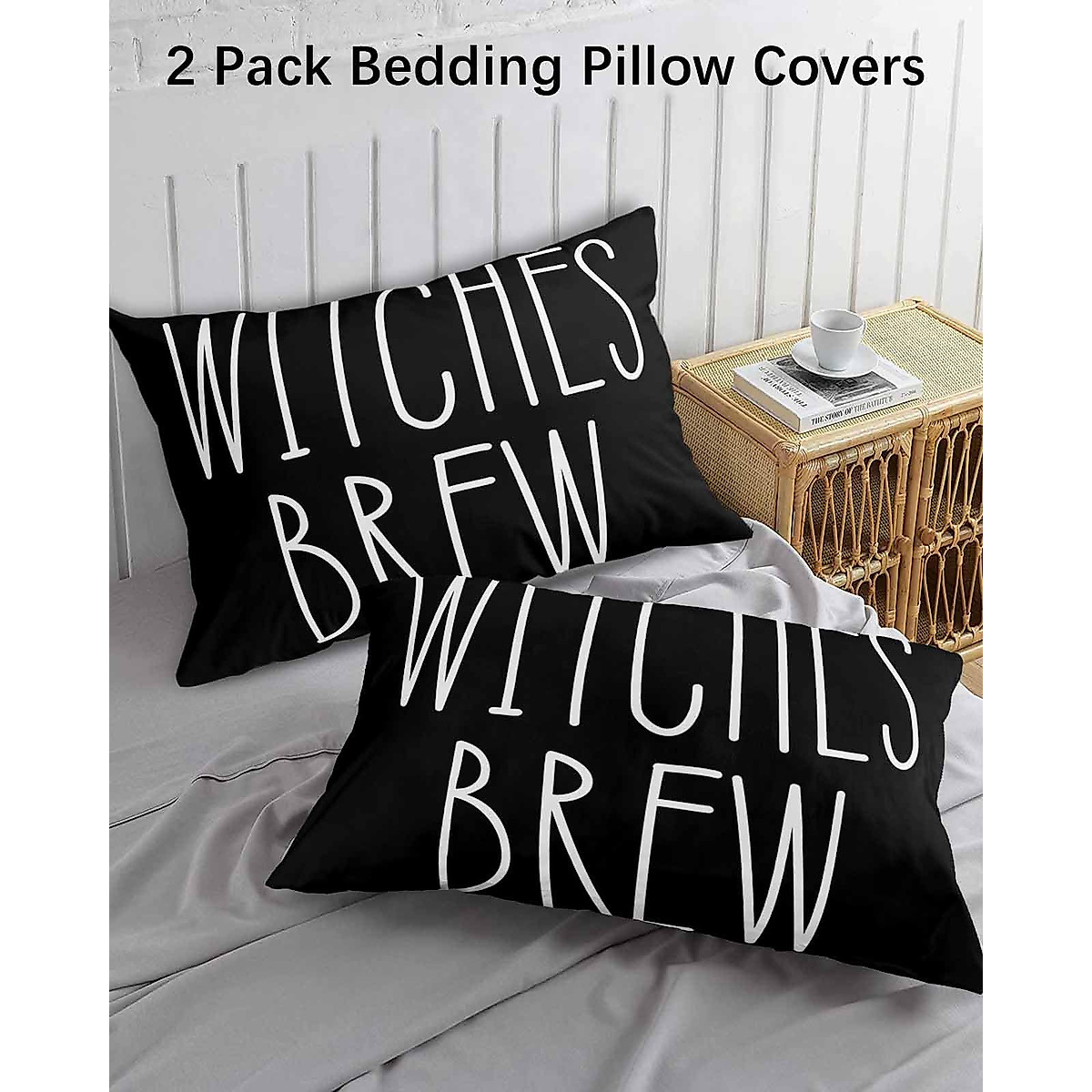 Edwiinsa Halloween Pillow Covers King Standard Set of 2 Bed Pillow, White Words Witches Brew Horror Black Plush Soft Comfort for Hair/Skin Cooling Pillowcases with Envelop Closure 20''x36''