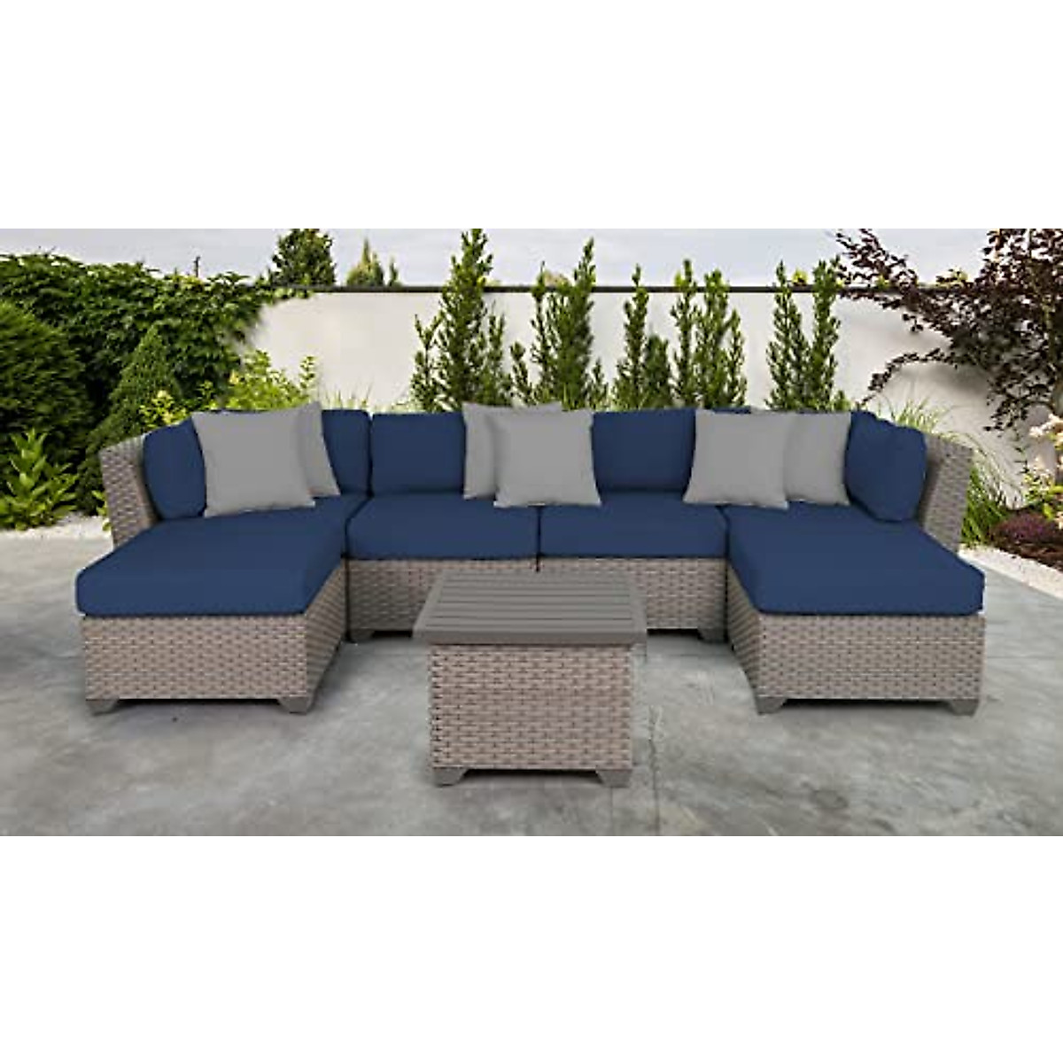 TK Classics Florence 7 Piece Outdoor Wicker Patio Furniture Set, Navy