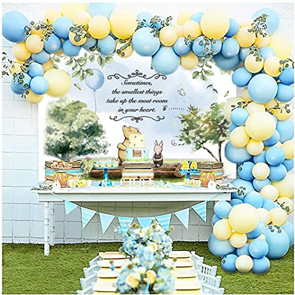 Classic Little Bear Cartoon Animal Backdrop Boy Kids Blue Balloon Birthday Photo Background Newborn Baby Shower Party Supplies Cake Table Decoration Backdrop 5x3FT