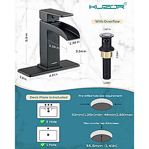 KUZOR Bathroom Faucets Single Hole Black Matte, Waterfall Matt Black Bathroom Sink Faucet One Hole with Metal Pop Up Drain, Solid Brass Square Faucet for Bathroom Vanity