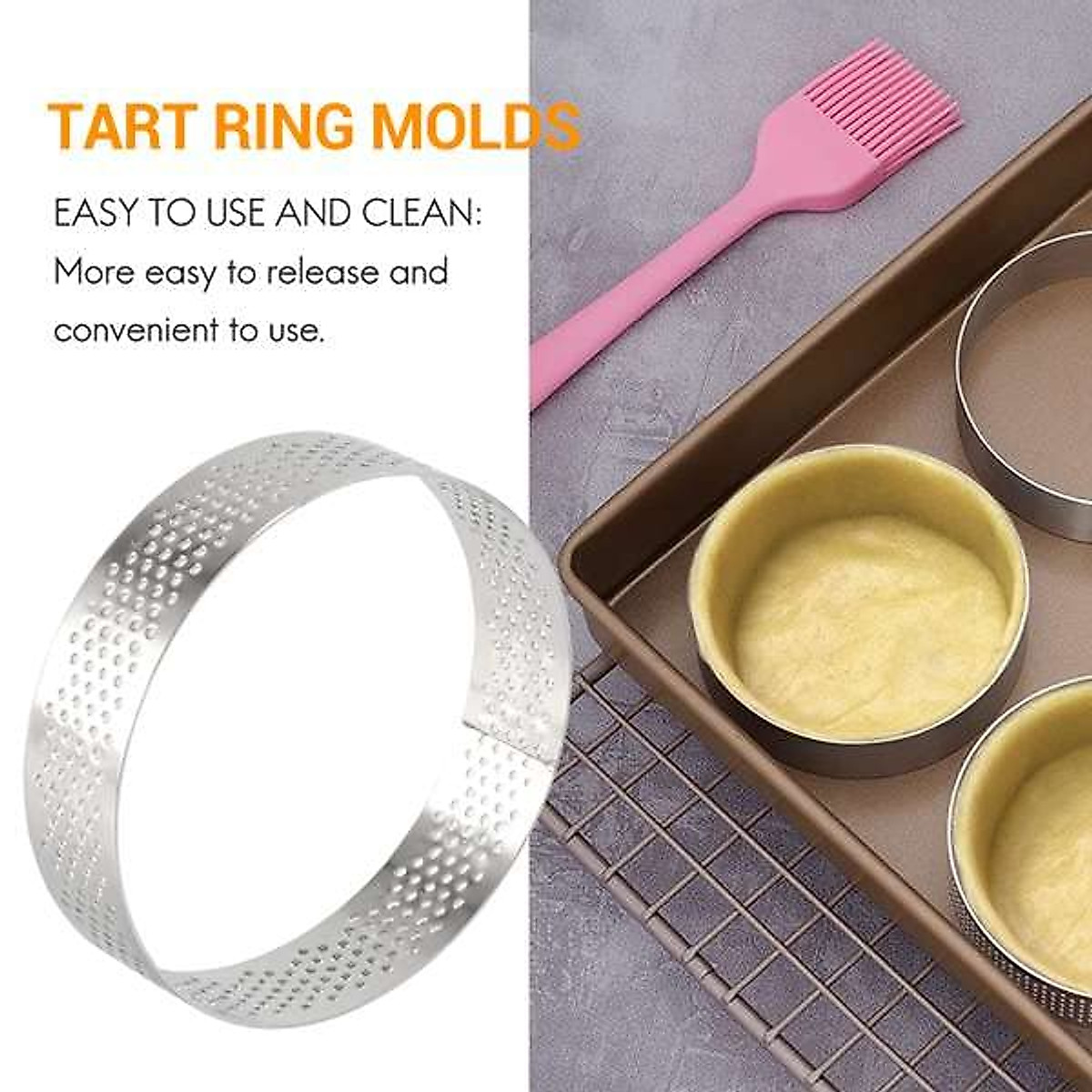 Exogio 10Pcs Circular Tart Ring 8 cm, Stainless Steel Porous Tart Bottom Ring, Heat-Resistant Perforated Pie Cake Mousse Mould Baking for Kitchen, Dessert Making