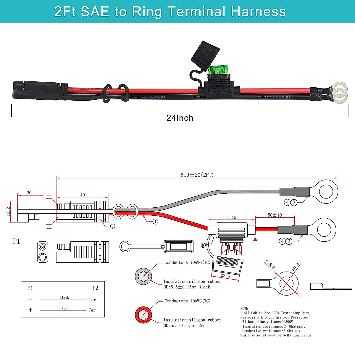 [5 Pack] 2FT SAE to O Ring Terminal Harness 10AWG - Eyelet O-Ring Terminal 10Gauge Harness with 30A Fuse,Battery Trickle Charger Cable for Motorcycle,SAE Quick Connect/Disconnect Charging Cord