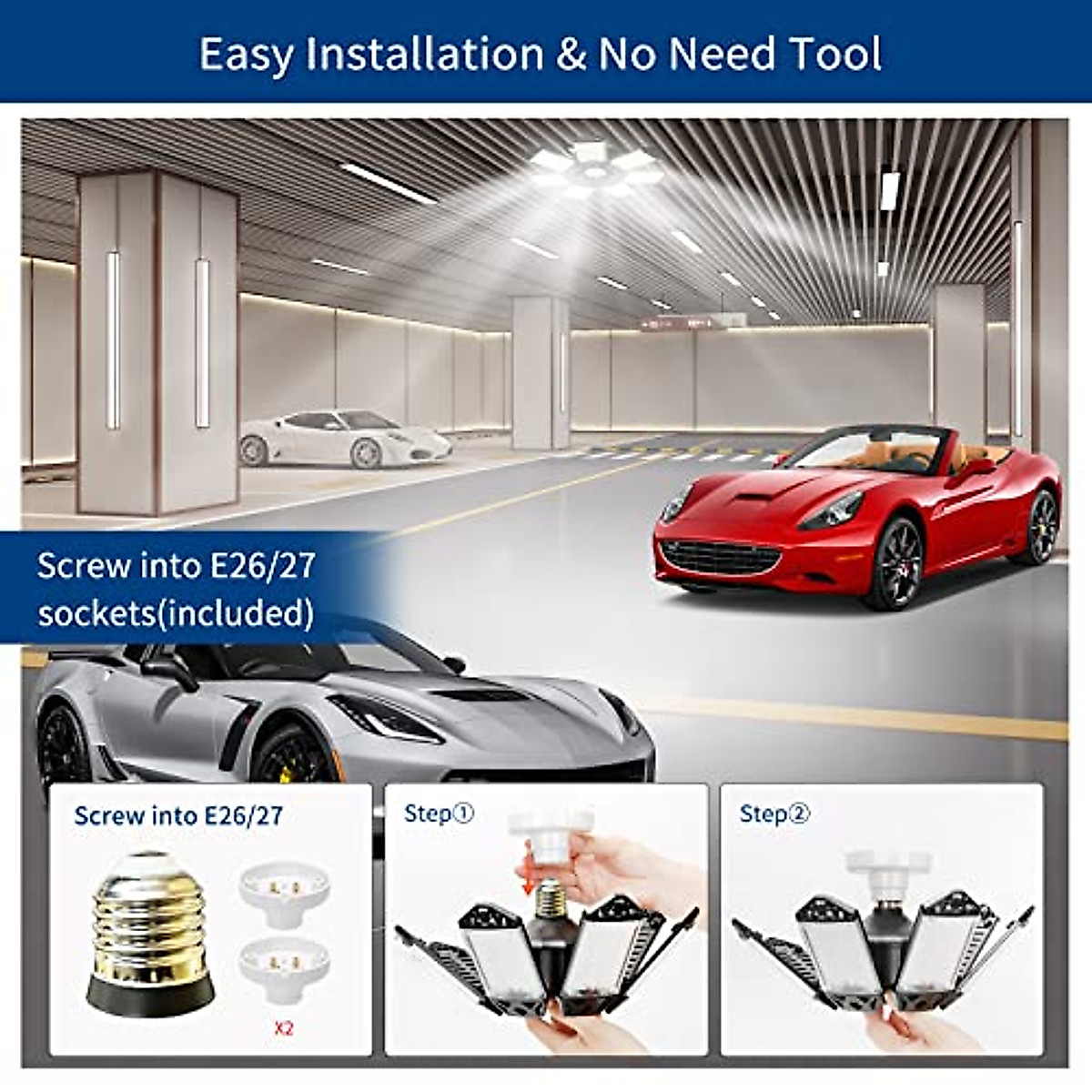 SILIVN 2 Pack LED Garage Lights, 180W Ultra Bright Deformable LED Garage Ceiling Lights with 7 Adjustable Panels, 15000LM E26/E27 LED Shop Lights for Garage, Workshop, Basement, Attic