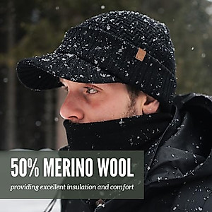 TOP-EX Waterproof Winter Wool Knit Hat with Visor, Mens Brim Beanie & Scarf Set, Women Cold Weather Skull Stocking Cap Fleece Lined & Neck Cover Black,X-large XL XXL XXXL Extra Large Big Head Oversize