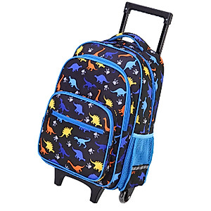 VASCHY Rolling Backpack Kids, 17in Water Resistant Large Schoolbag Carry-on Travel Trip Bag with Wheels for Boys Blue Dinos