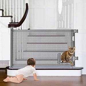 GROWNSY Retractable Baby Gates, Pet Gate with Cat Door - 33" Tall, Extends to 55" Wide Dog Gate for Stairs, Mesh Baby Gate with Door for Cats/Small Dogs, Easy Install for Doorways, Indoor &Outdoor