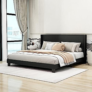 Tuconia Upholstered Platform King Size Bed Frame with Headboard Wooden Slats Support Easy Assembly No Box Spring Needed Black Linen