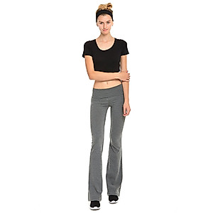 Gilbins Womens Fold-Over Waistband Stretchy Cotton Blend Yoga Pants with A Wide Flare Leg 2 Pack (1 Grey 1 Black, Large)