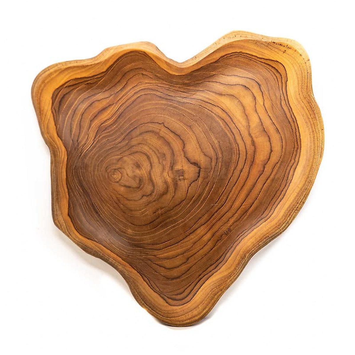 Rainforest Bowls 12" Amoeba Javanese Teak Wood Platter- Uniquely Shaped to Show Off Tree Ring Pattern- Ultra-Durable, Hot & Cold Friendly- Exclusive Custom Design Handmade by Indonesian Artisans