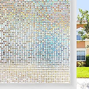 rabbitgoo Window Privacy Film Stained Glass Window Film Mosaic Static Cling Decorative Window Vinyl, Removable Rainbow Window Tint, Non-Adhesive UV Blocking for Home Office, 17.5 x 78.7 inches