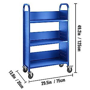 BestEquip Book Cart, 200LBS Library Cart, 49.2''x35.4''x18.9'' Rolling Book Cart, Double Sided W-Shaped Sloped Shelves with Lockable Wheels for Home Shelves Office School Book Truck Blue