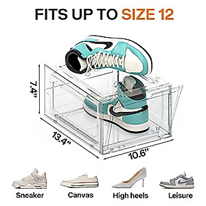 TVKB Large Clear Shoe Organizer Boxes Stackable Shoe Storage Sturdy Hard Plastic Shoe Box with Magnetic Front Door for Closet, Easy Assembly, Fit Up to Size 12(13.4"*10.6"*7.4)