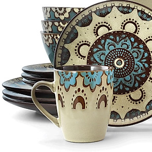 IULJH Household 16 Piece Dinnerware Set in Tan and Dish Ceramic Bowl Cutlery Combination