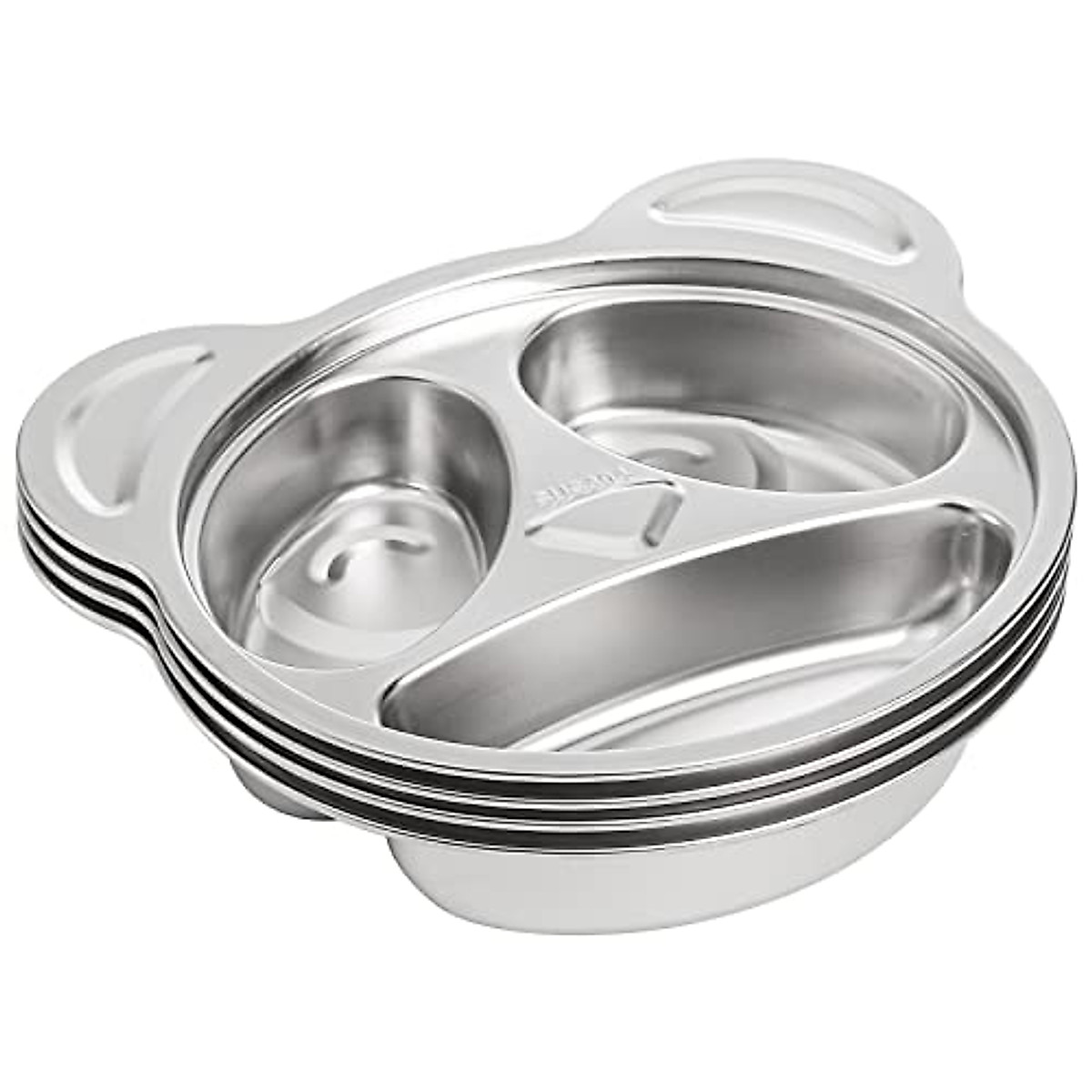 Lyellfe Set of 4 Stainless Steel Divided Plates, 3 Sections Unbreakable Dinner Plates, Cute Panda Shape Divided Plates for Picky Eaters, Lunch, Camping
