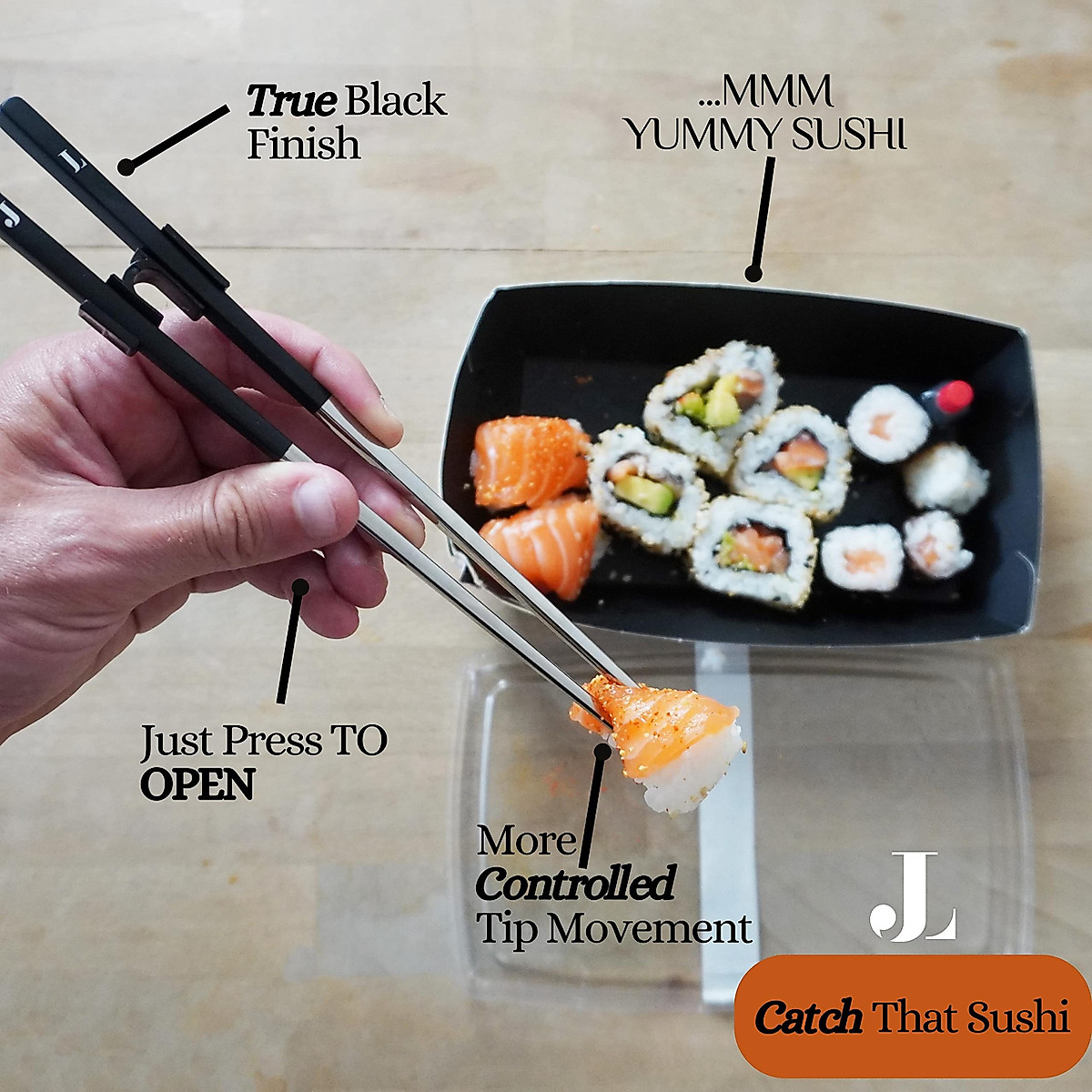 Jean Lemond: Introducing The Sushi Sticks - 2 Pairs Of Reusable Helper Chopsticks - Perfect Practice For Beginners - Metal Training Tool With Case Great For Adults & Kids (Crisp Black, 2pcs)