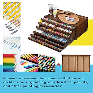 MEEDEN 6-Drawer Art Supply Storage Box - Large Capacity Multi-Function Beech-Wood Pencil Box with Drawer & Compartments for Organizing Pastels, Pencils, Pens, Markers, Brushes & Stamp, Walnut