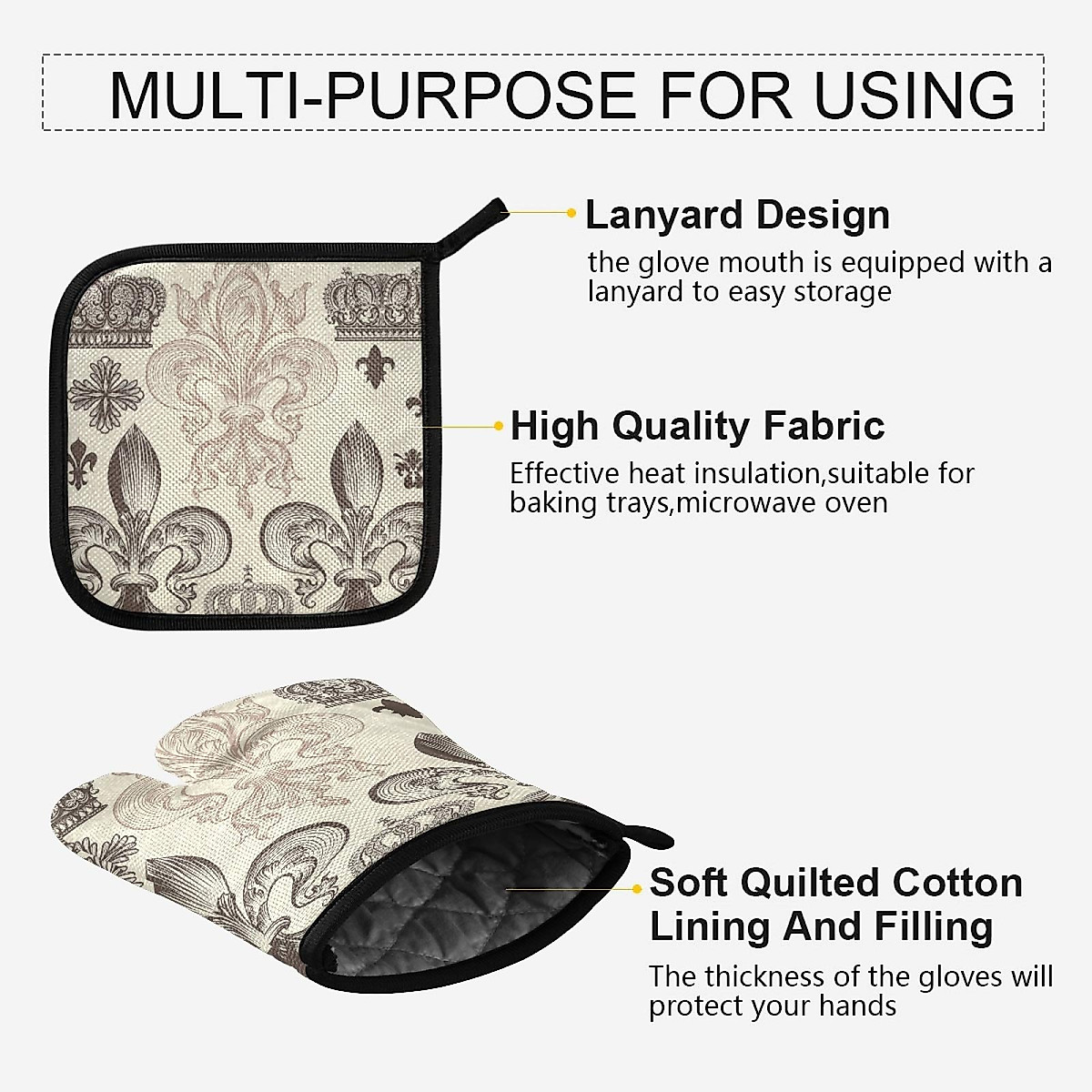 Oyihfvs Heraldic Fleur De Lis Crowns Oven Mitts Pot Holders Sets, Heat Resistant Kitchen Oven Gloves, Potholder Hot Pads for Cooking Baking Microwave Grill