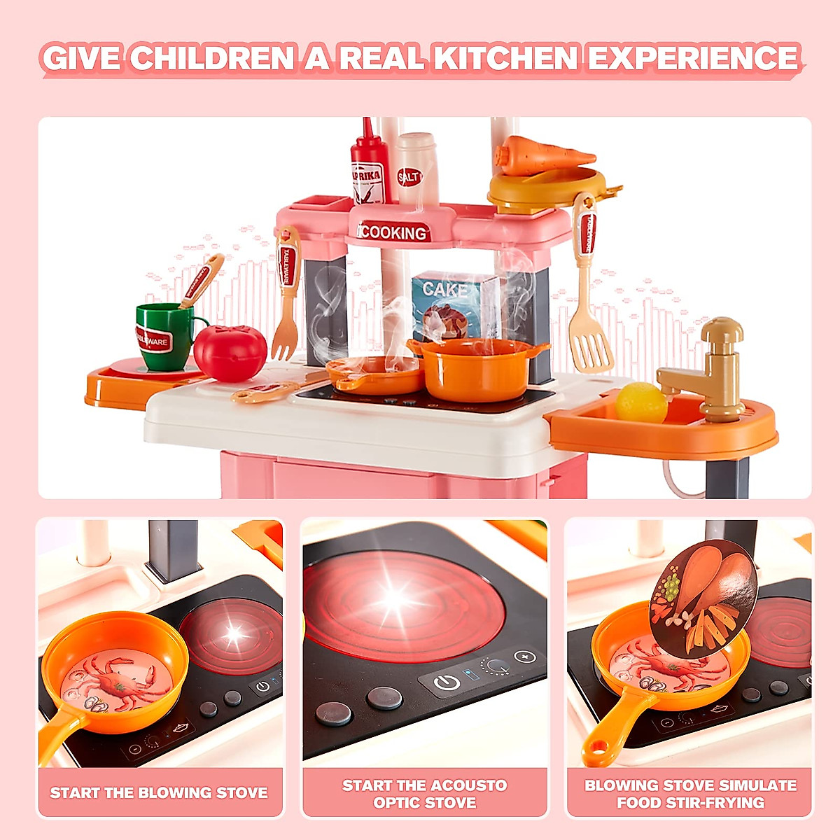 GEIYATOI Kitchen Playset, 3 in 1 Kitchen Pretend Play Toys Travel Suitcase, 49 PCS Realistic Cooking Accessories, Sounds, Lightnd, Running Water, Great Kitchen Toys for Toddlers Kids