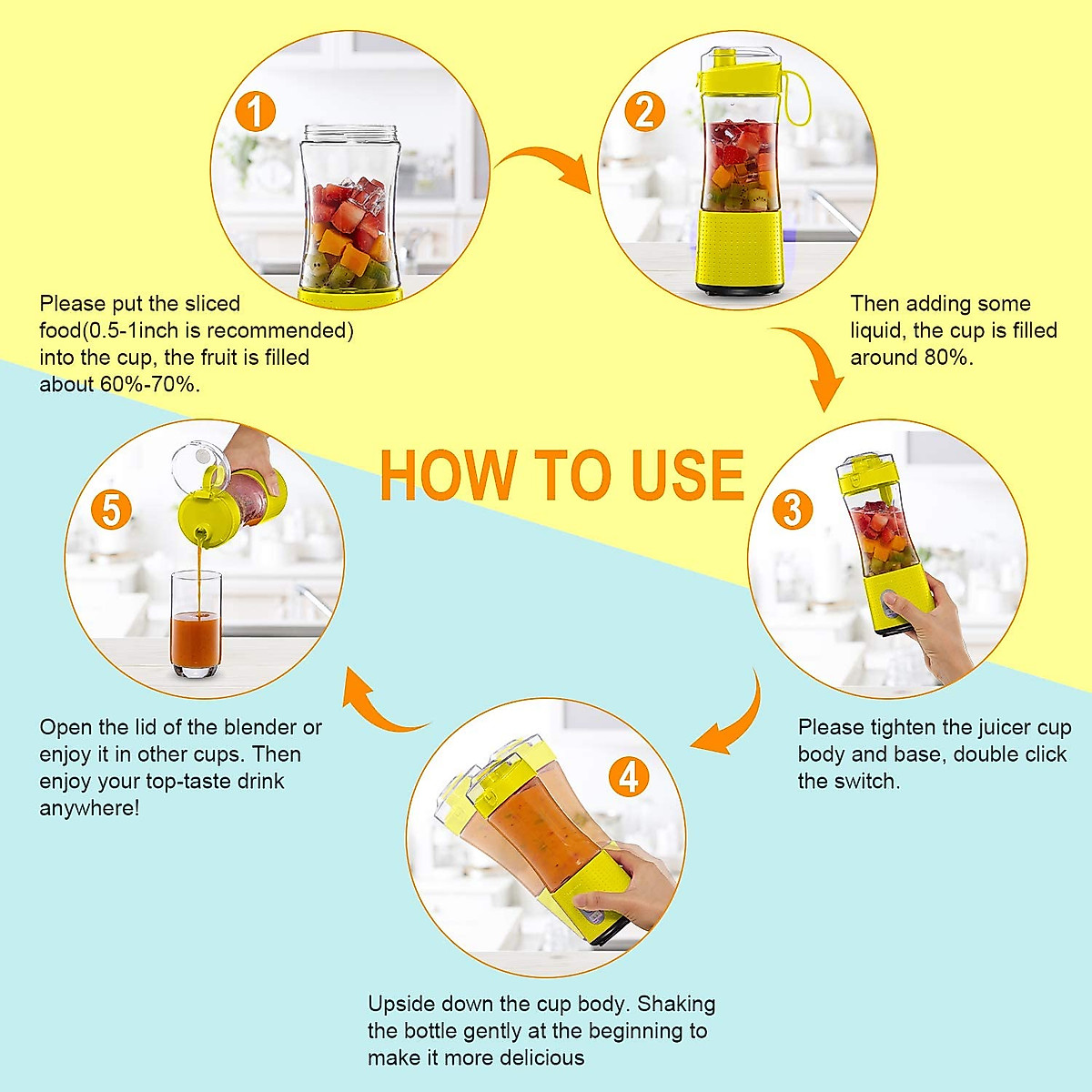 Portable Blender, Personal USB Rechargeable Juice Cup for Smoothie and Protein Shakes Mini Handheld Fruit Mixer 13Oz Bottle for Travel Gym Home Office Sports Outdoors Yellow