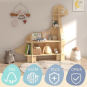 Dinosaur Kids Bookshelf, Wooden Kids Bookshelf and Toy Storage, Wood 4-Tier Montessori Bookshelf for Kids, Durable Bookcase, Eco-Safe Toddler Bookshelf, Toy Organizer for Kids Room, Playroom, Nursery