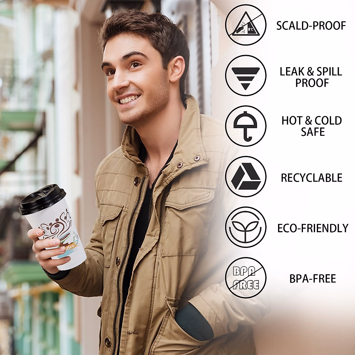 Lamosi 60 Pack - 16 oz Disposable Coffee Cups with Lids, To Go Coffee Cups with Lids, Hot/Cold Paper Cups for Tea, Chocolate, 16 Ounce