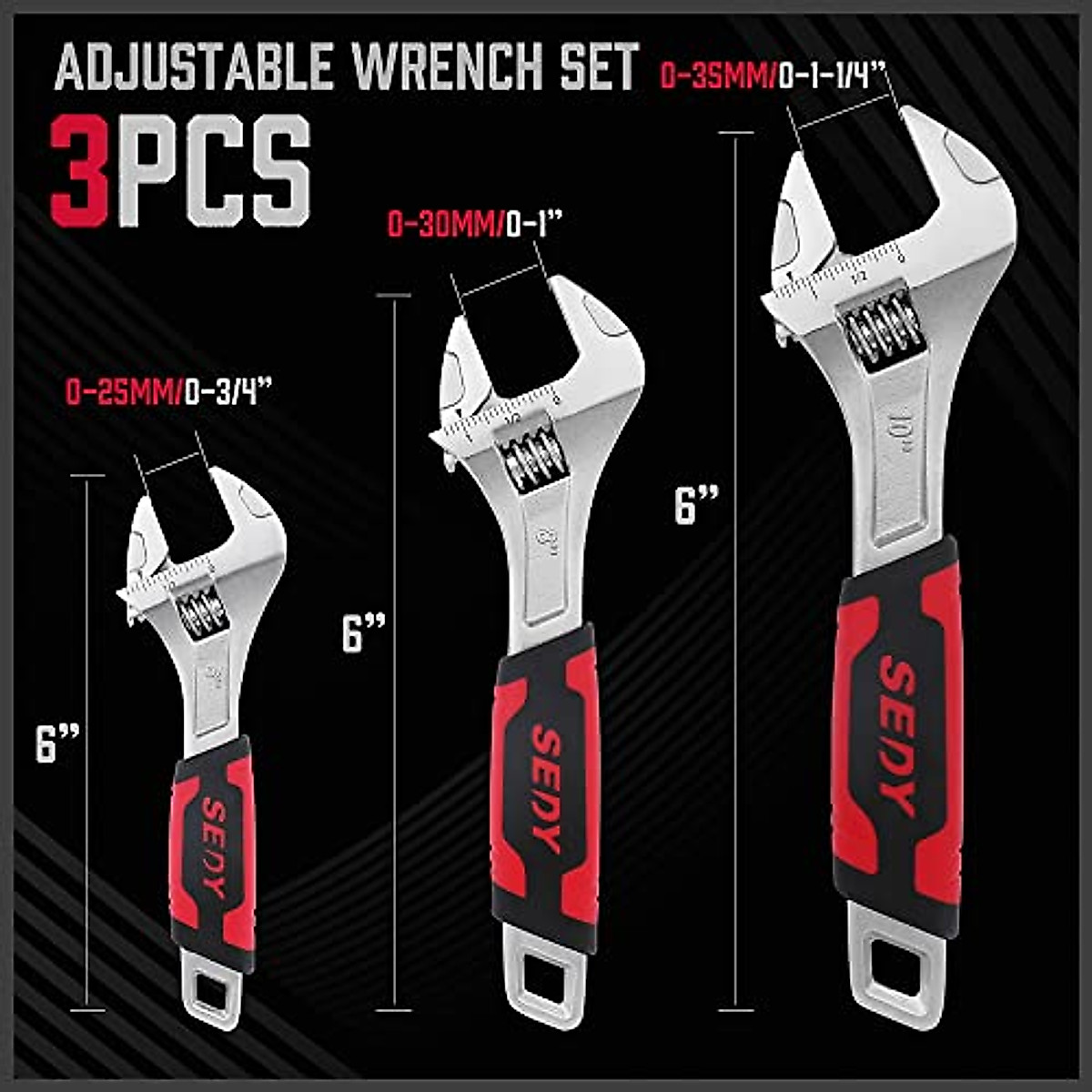 3-Piece Adjustable Wrench Set - 6-Inch 8-Inch 10-Inch - Precision Design, Durable and Corrosion-Resistant, Chrome Vanadium Steel, Anti-Slip Grips