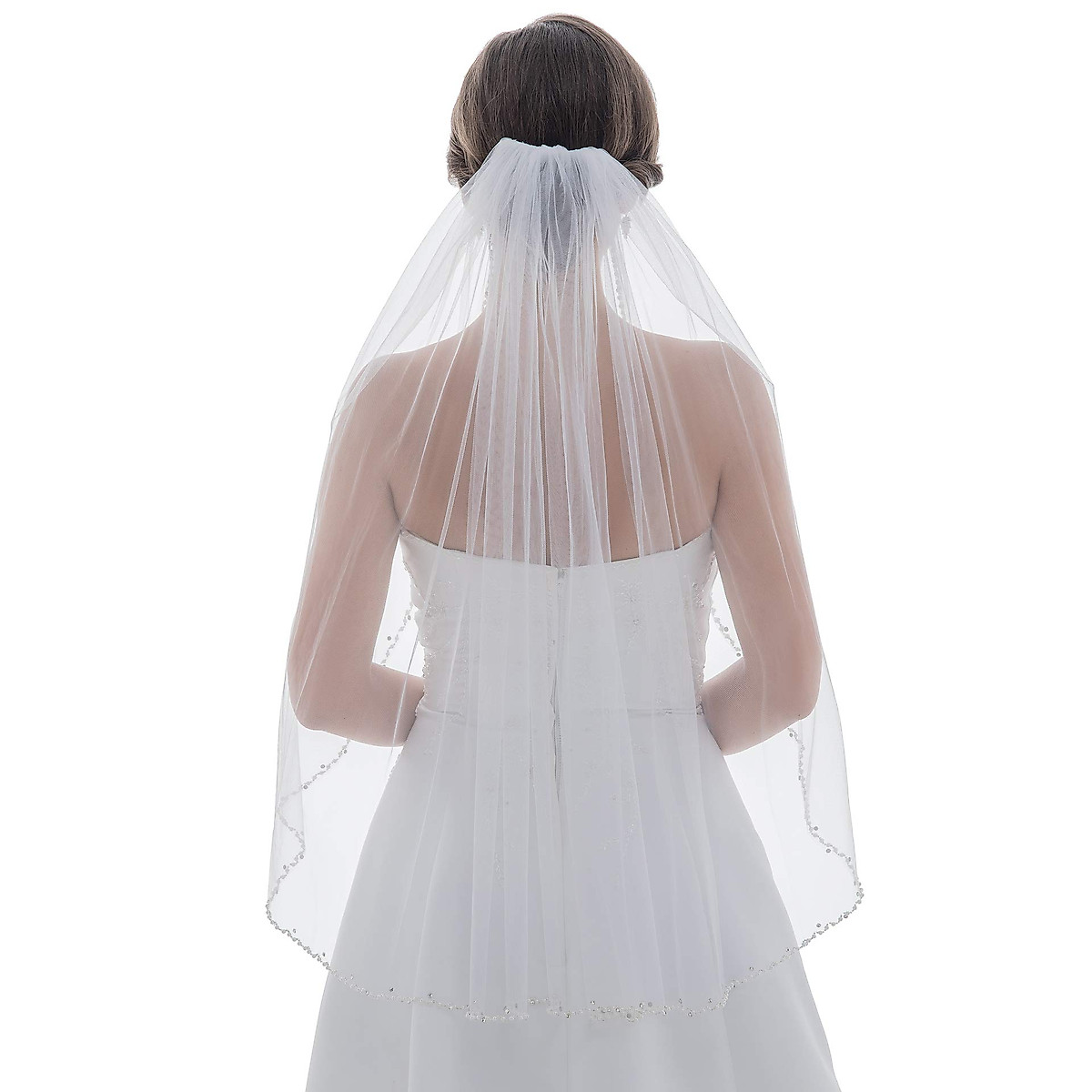 SAMKY 1T 1 Tier Wavy Pearl Crystal Beaded Bridal Wedding Veil - Light Ivory Elbow Length 30" V505