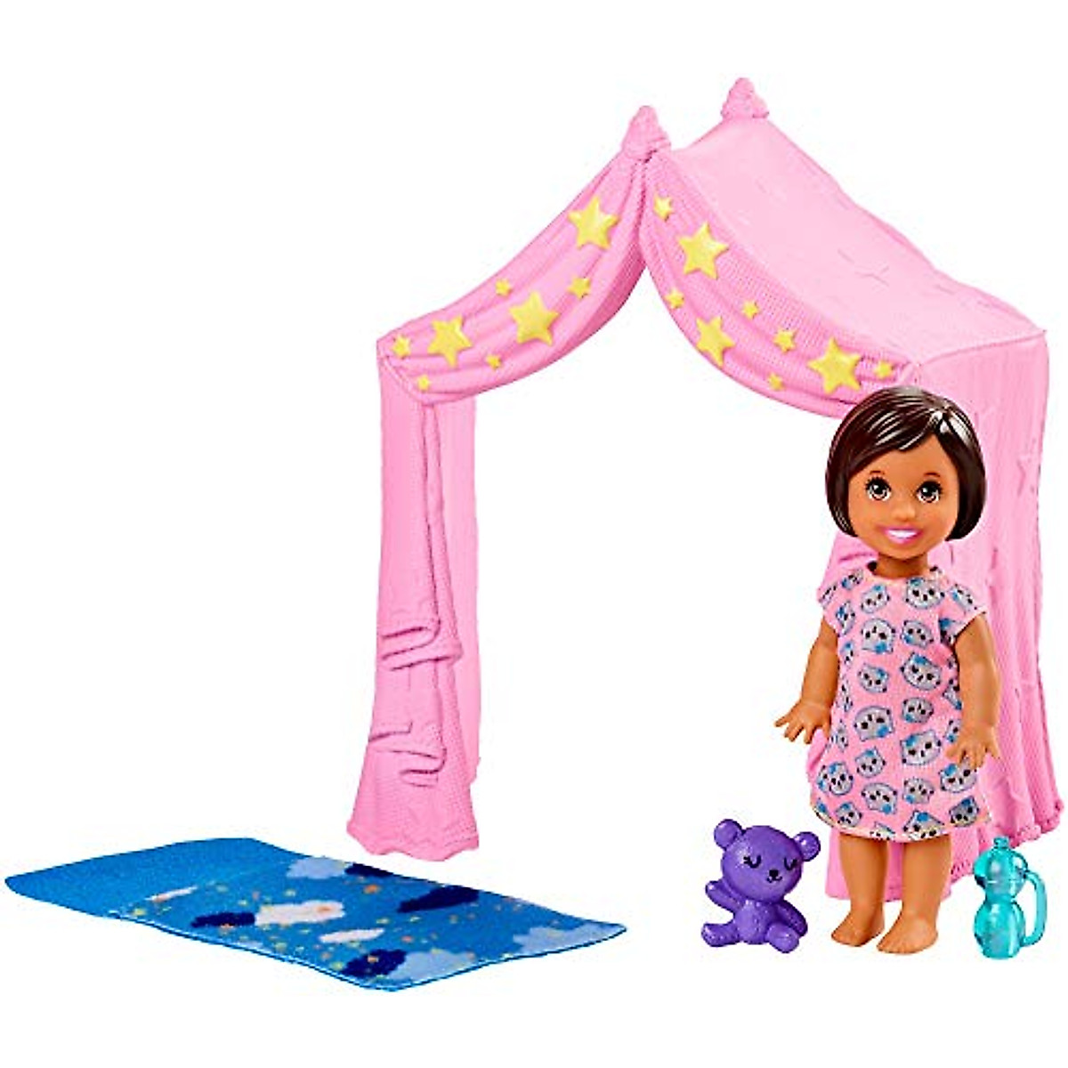 Barbie Skipper Babysitters Inc. Doll Playset Includes Small Toddler Doll, Pink Tent and Cloud-Print Sleeping Bag, Plus Bottle and Teddy Bear, Gift for 3 to 7 Year Olds