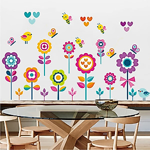Flowers Wall Stickers for Kids Bedroom -Butterfly Bee Floral Wall Decals for Girls Room,Classroom,Nursery, Playroom- Removable DIY Peel and Stick Wall Art Decor
