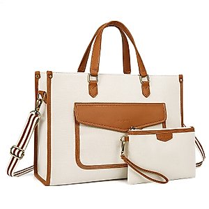 Missnine Tote Bag Canvas Laptop Bag for Women 15.6 inch Casual Work Bags with Clutch Purse Computer Shoulder Bag 2 PCS Set for Travel, Office, College