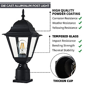 Windben Dusk to Dawn Outdoor Post Light,Lamp Post Light Fixture,Post Lantern with Pier Mount Base,Matte Black,7.4in,Suitable for Gardens,Yards,Balconies,Passages or Entrances,etc