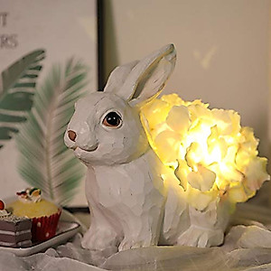 HDNICEZM Garden Statue Cute Rabbit Figurine with Flower Lights Warm White LED -Battery Powered Remote Control Rabbit Statue Night Light Home Garden for Backyard Pathway Patio