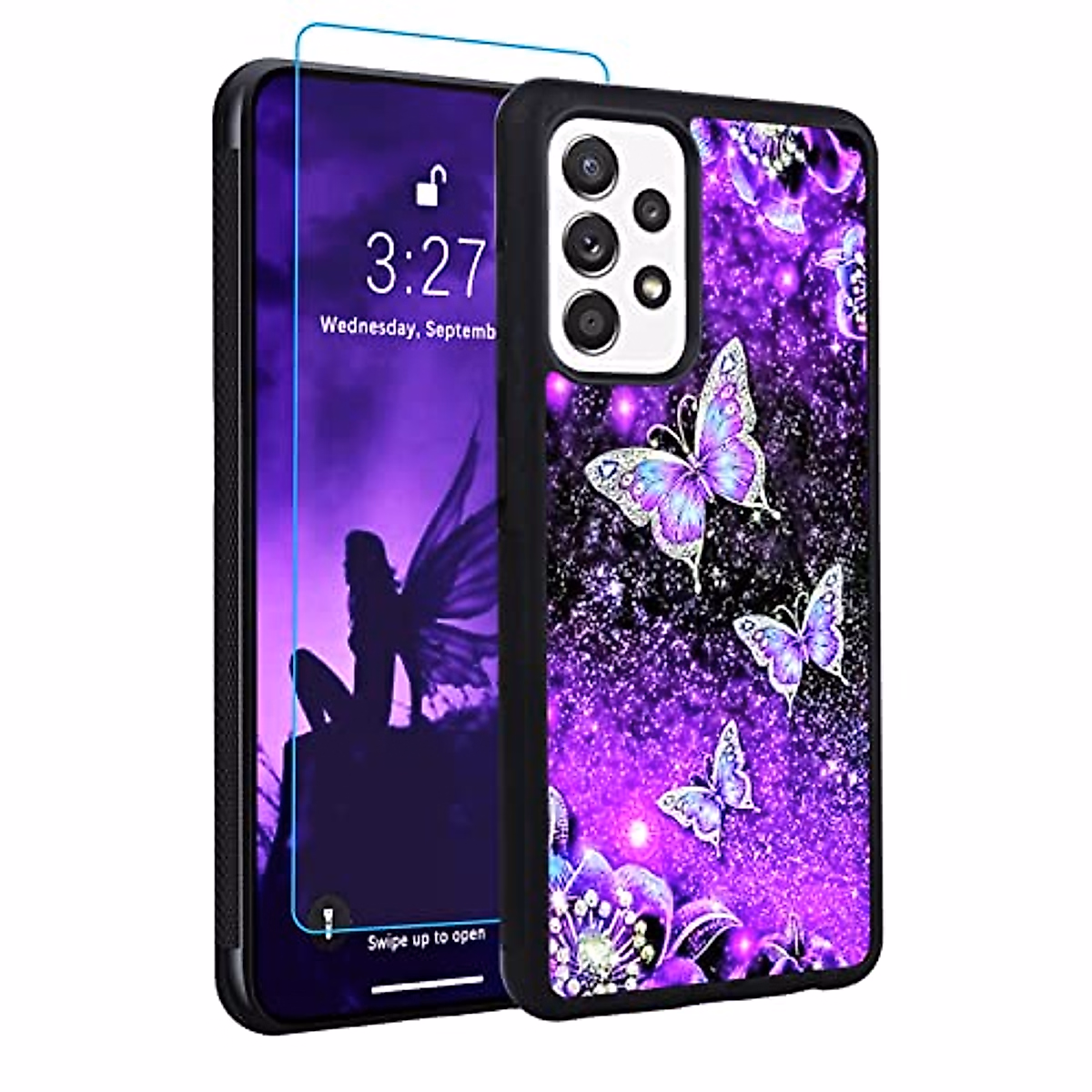 OOK Designs for Samsung Galaxy a53 Case Glitter Purple Butterfly Nebula Space Design Hard PC+Soft TPU Bumper Anti-Slip Ultra Thin Cover Protective Shockproof Case for Galaxy a53