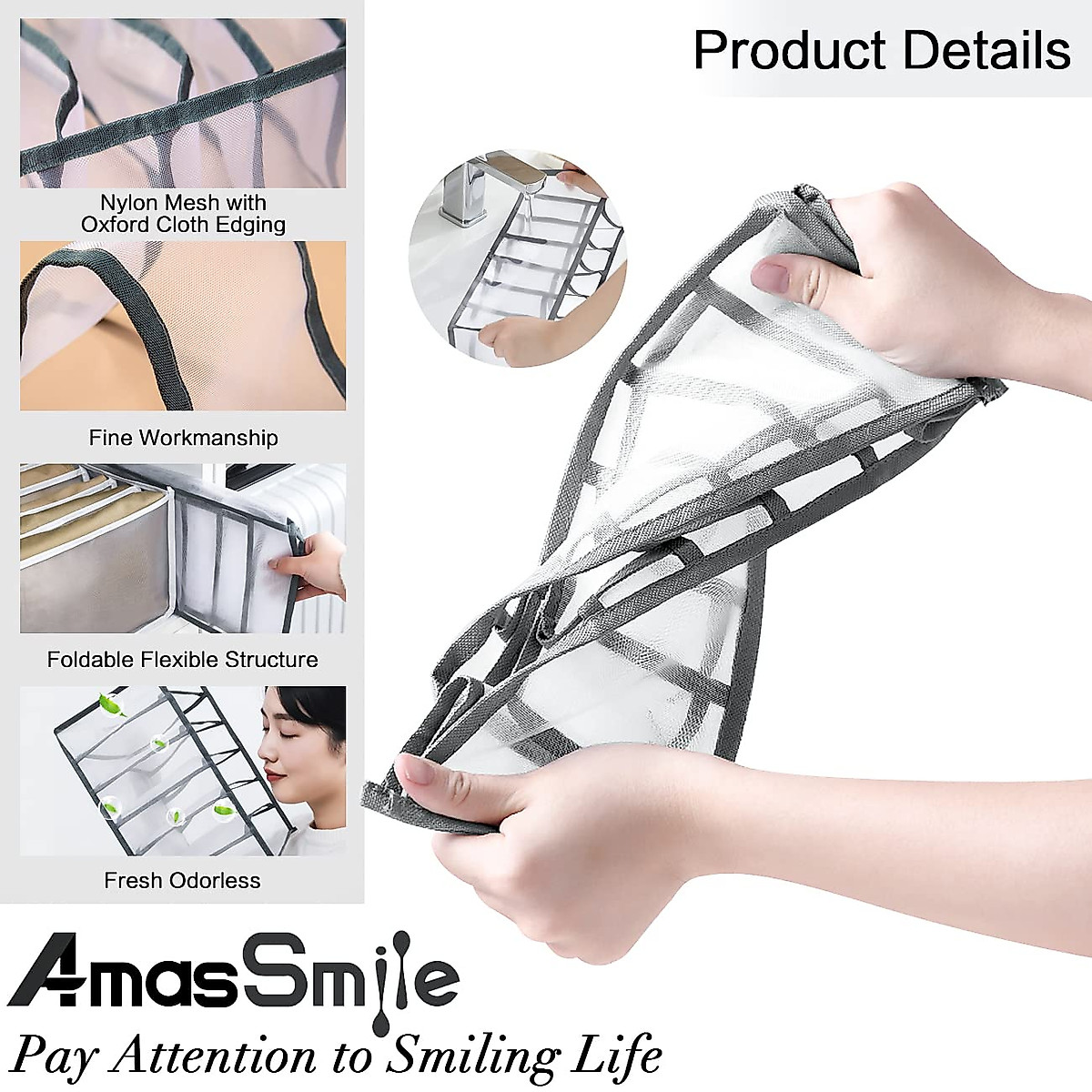 Wardrobe Clothes Organizer,AmasSmile 7 grids Washable Clear Mesh Closet Organizers and Storage Bins Drawer Dividers for Yoga Pants,Underwear, Scarves, Leggings, T-shirts(2PCS WHITE)