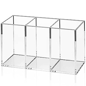 NIUBEE Acrylic Pen Holder 3 Compartments, Clear Pencil Organizer Cup for Countertop Desk Accessory Storage